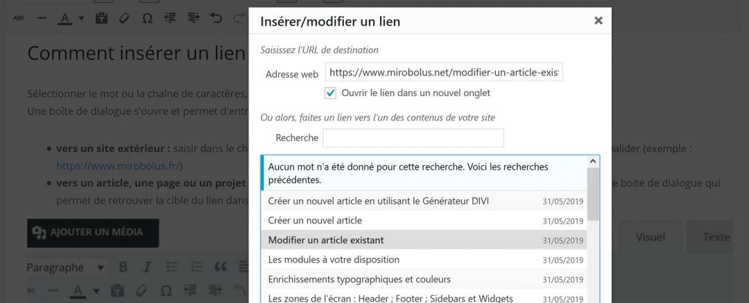 Insérer un lien hypertexte | Alimenter son site | Mirobolus